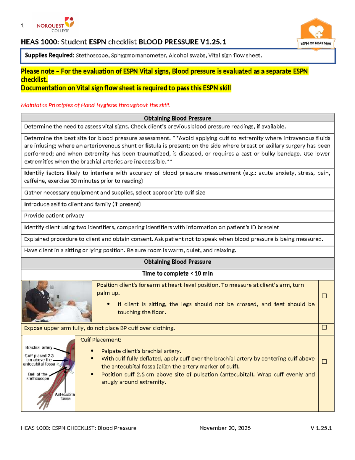 HEAS 1000 ESPN Blood Pressure Skill Checklist V1.25.1 - Studocu