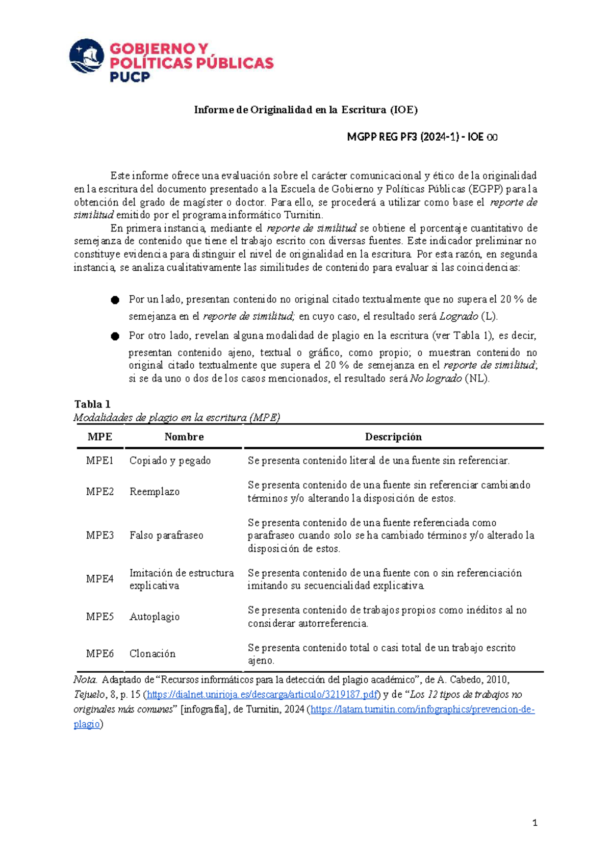 Informe de Originalidad en la Escritura (IOE) MGPP REG PF3 - Studocu