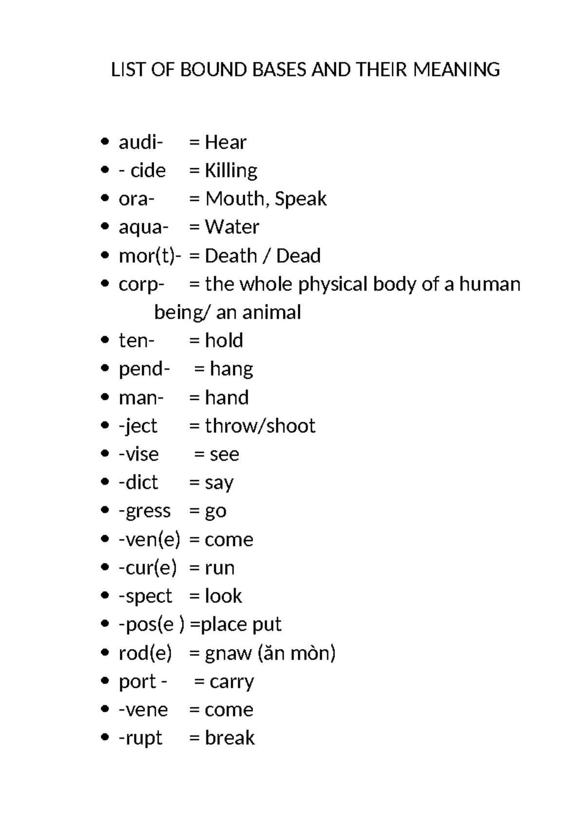 Bound Bases and Their Meanings: A Comprehensive List - Studocu