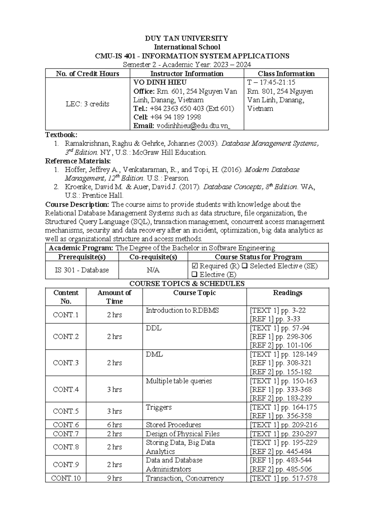 CMU-IS 401 - Information System Applications - Syllabus - Spring 2024 - Studocu