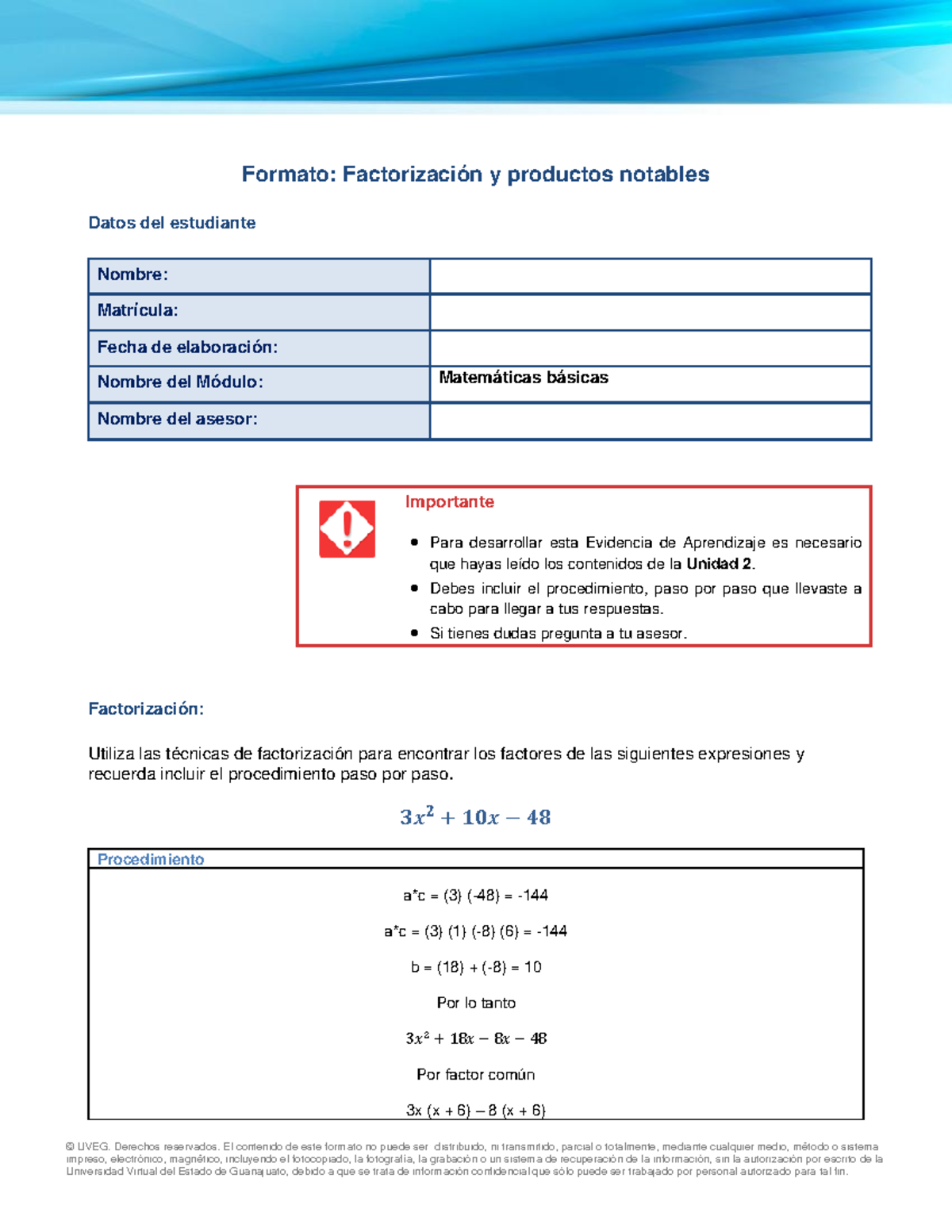 Factorización y Productos Notables - Matemáticas Básicas UVEG - Studocu