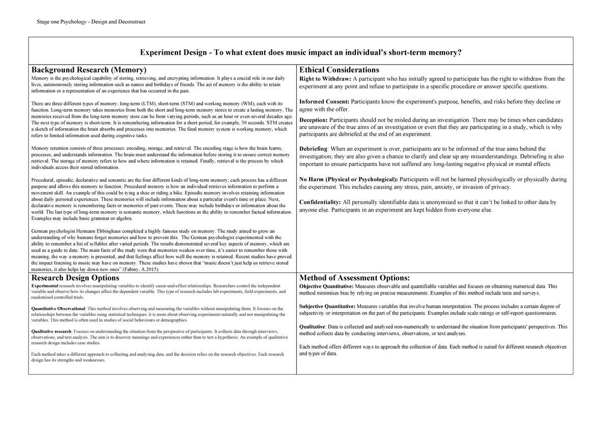 Experiment Design & Deconstruct: Music's Impact on Memory (Psych 101 ...