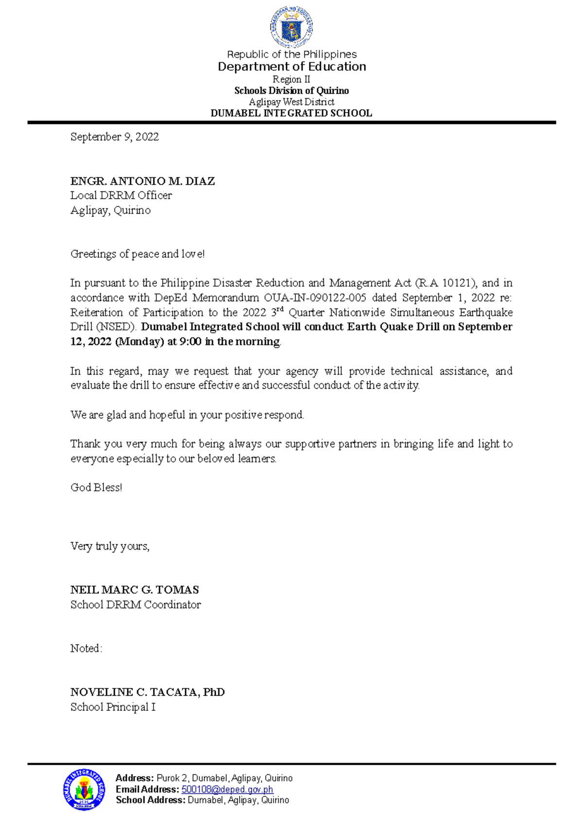 Letter of invitation (earthquake drill) - Republic of the Philippines ...