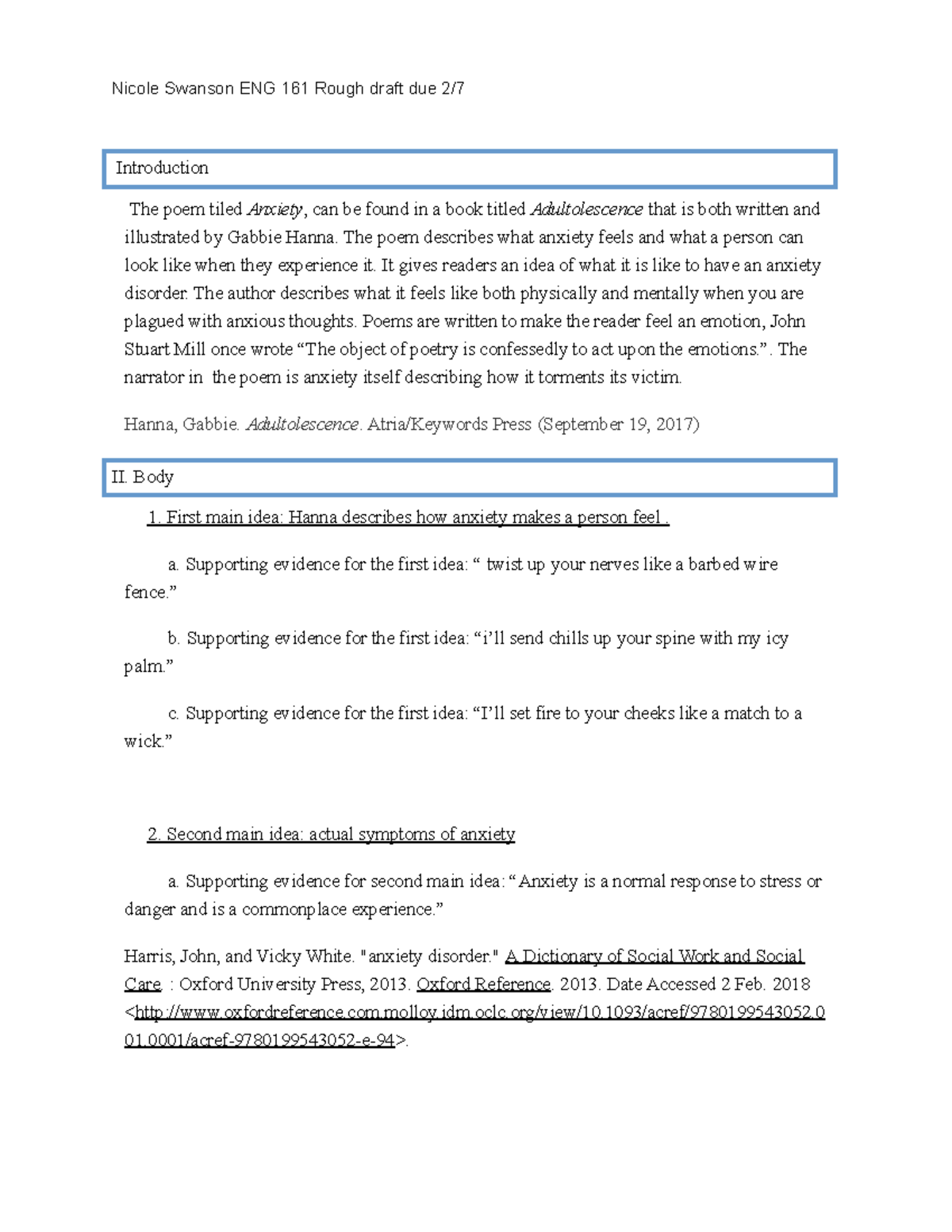 ENG 161 Rough Draft: Analyzing Gabbie Hanna's Poem "Anxiety" - Studocu