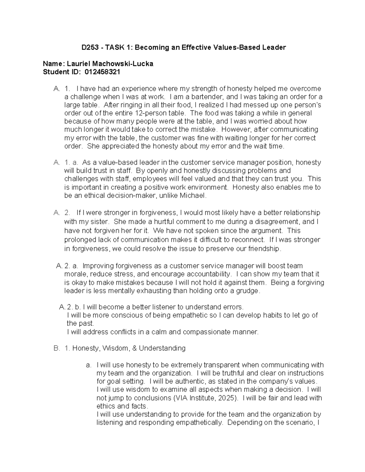 Task 1 - passed - D253 - TASK 1: Becoming an Effective Values-Based ...