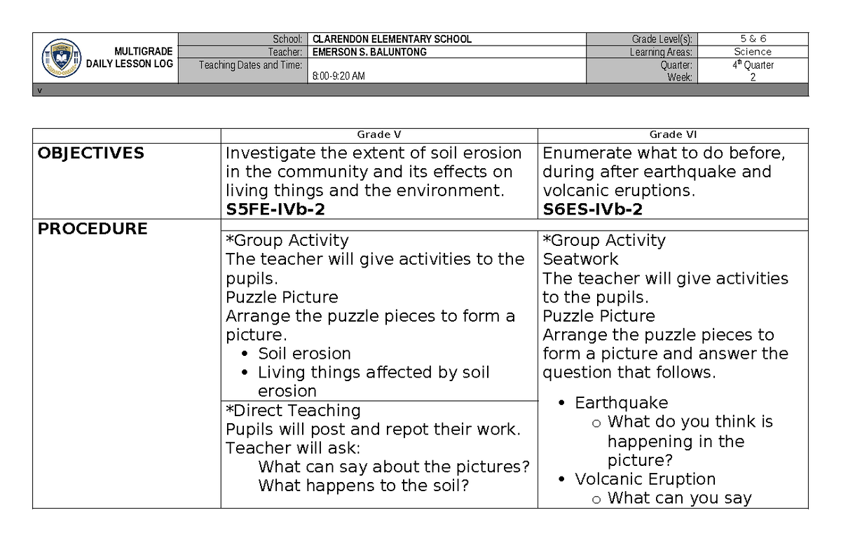 Multigrade Science Lesson Plan for Grades 5 & 6 on Soil Erosion - Studocu