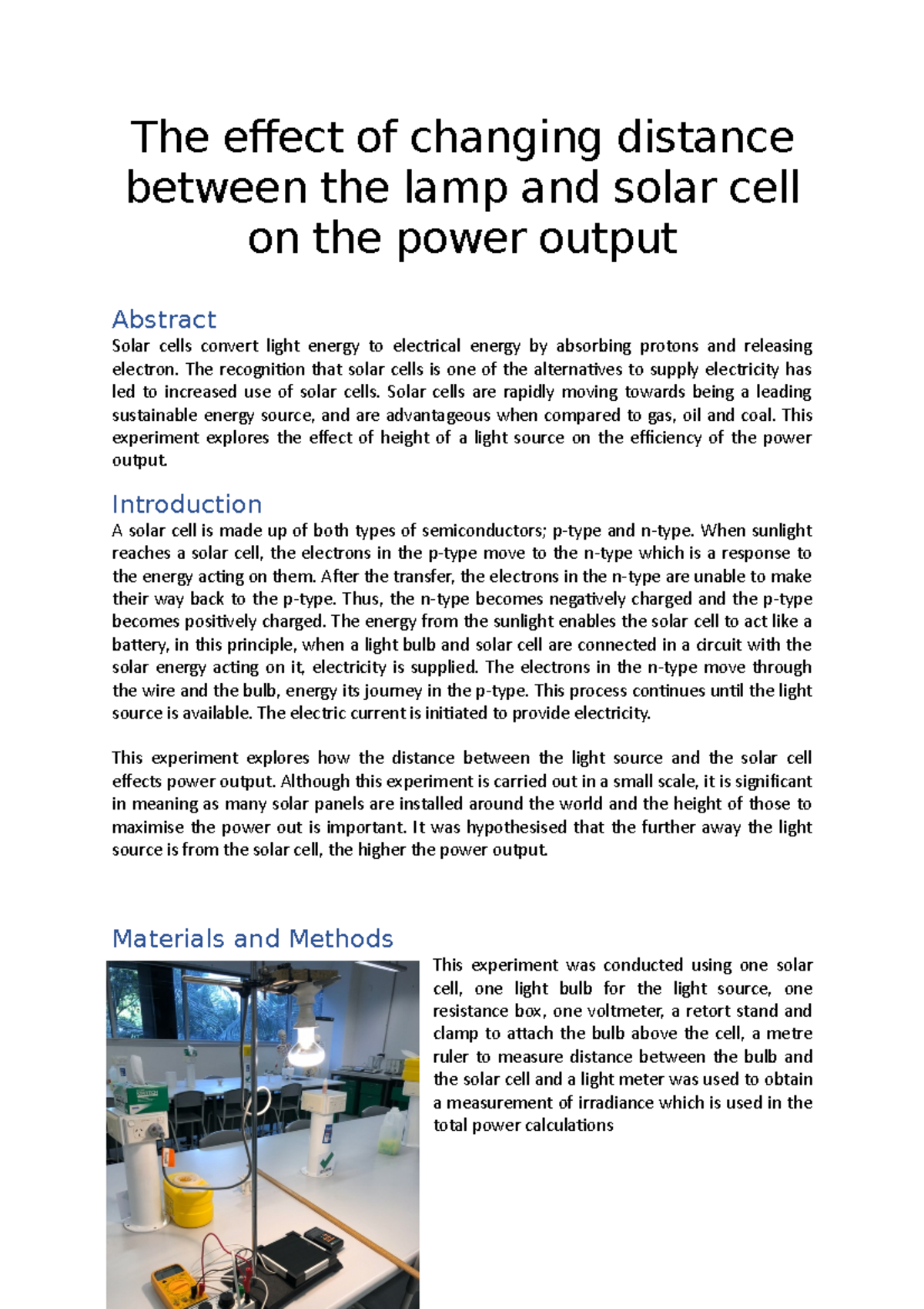 Effects of Distance on Solar Cell Power Output Experiment Report - Studocu
