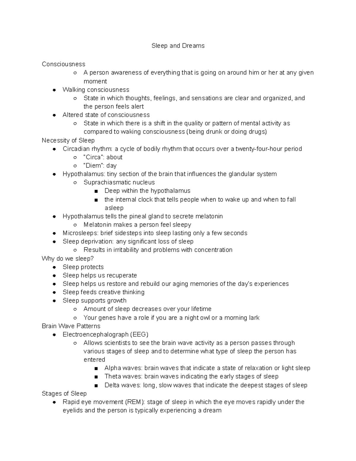 Psychology Chapter 3- Sleep and Dreams - Sleep and Dreams Consciousness ...
