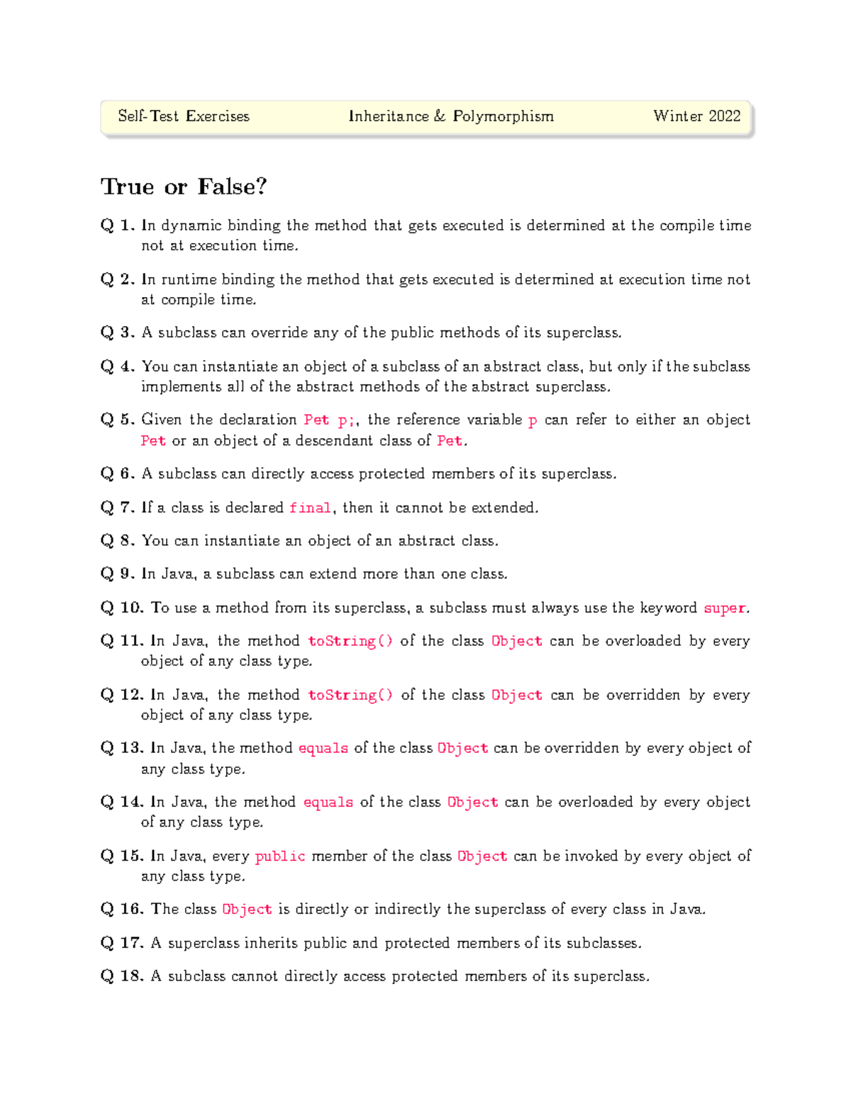 Self-Test Exercises on Inheritance & Polymorphism - Midterm W22 - Studocu