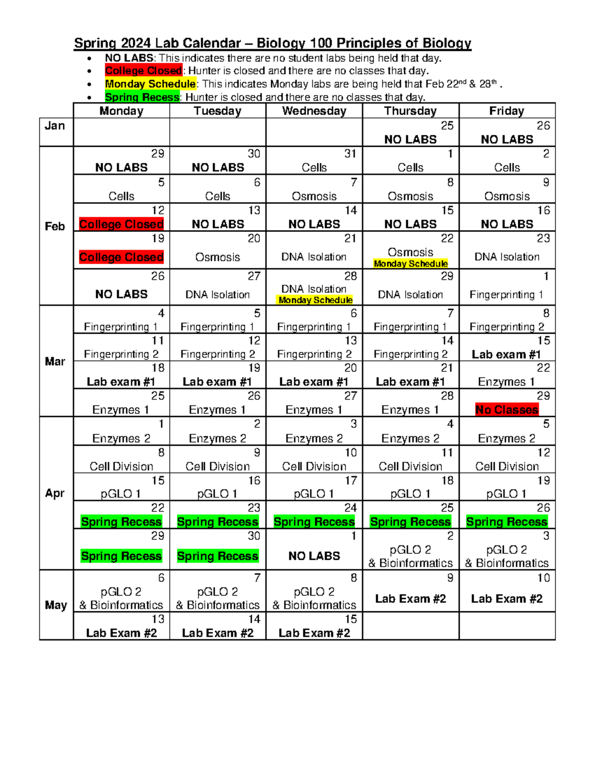 Spring 2024 Bio 100 Lab Schedule: No Labs & College Closures - Studocu