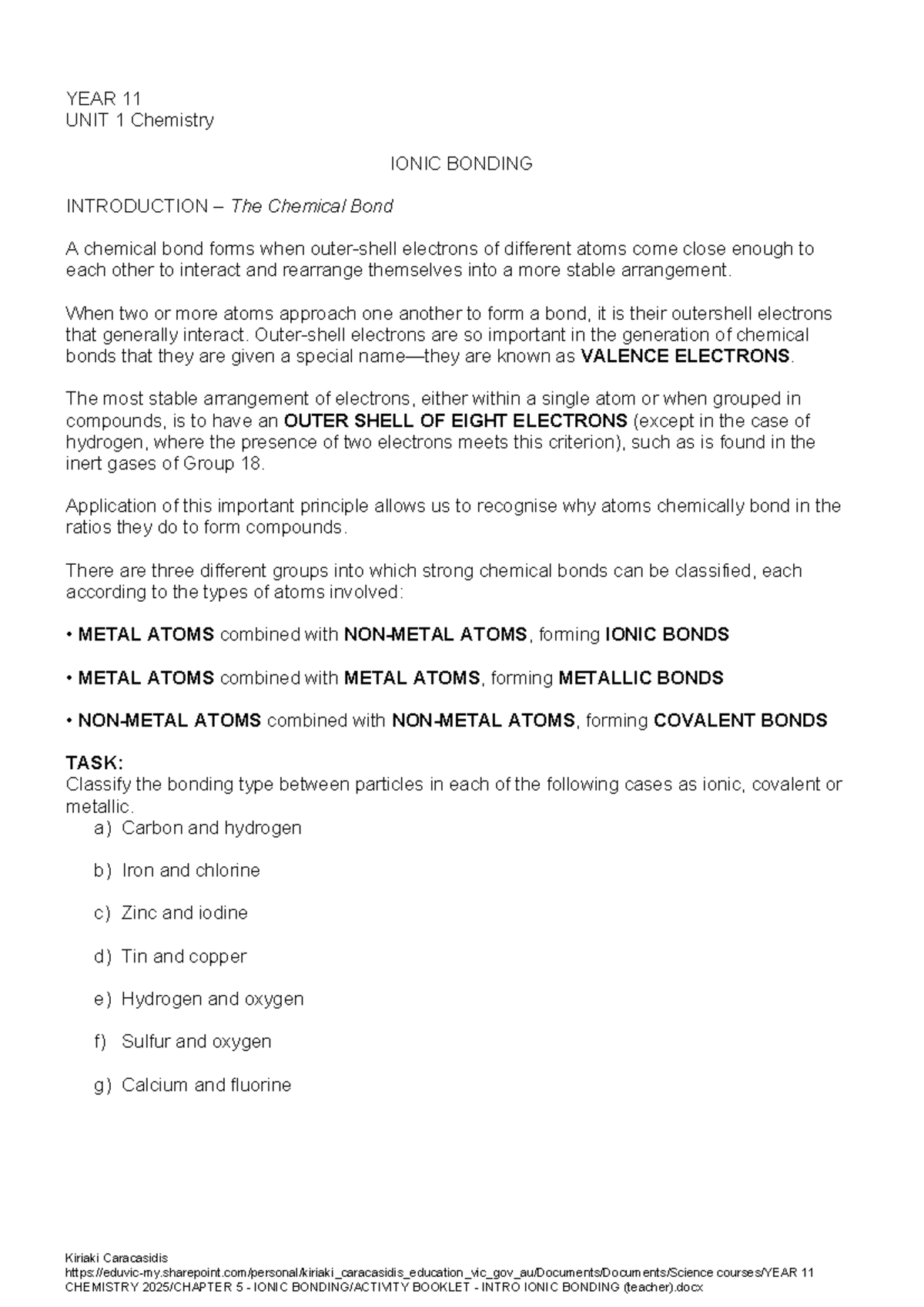 YEAR 11 CHEMISTRY 5: Intro to Ionic Bonding Booklet - Studocu