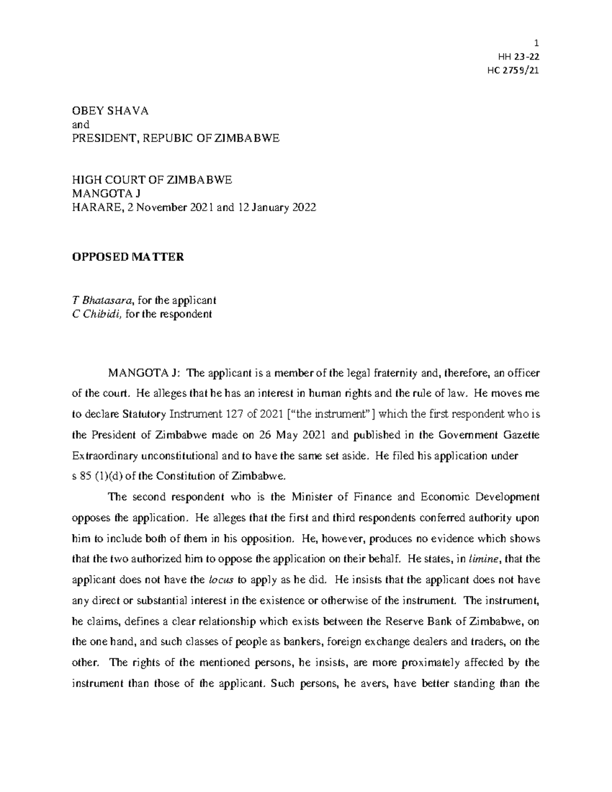 Shava v. President of Zimbabwe: High Court Ruling (ZWHHC 23) - Studocu