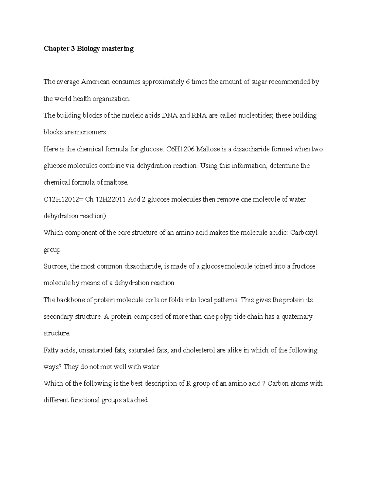 Chapter 3 Biology: Mastering Sugar, Nucleic Acids, and Proteins - Studocu