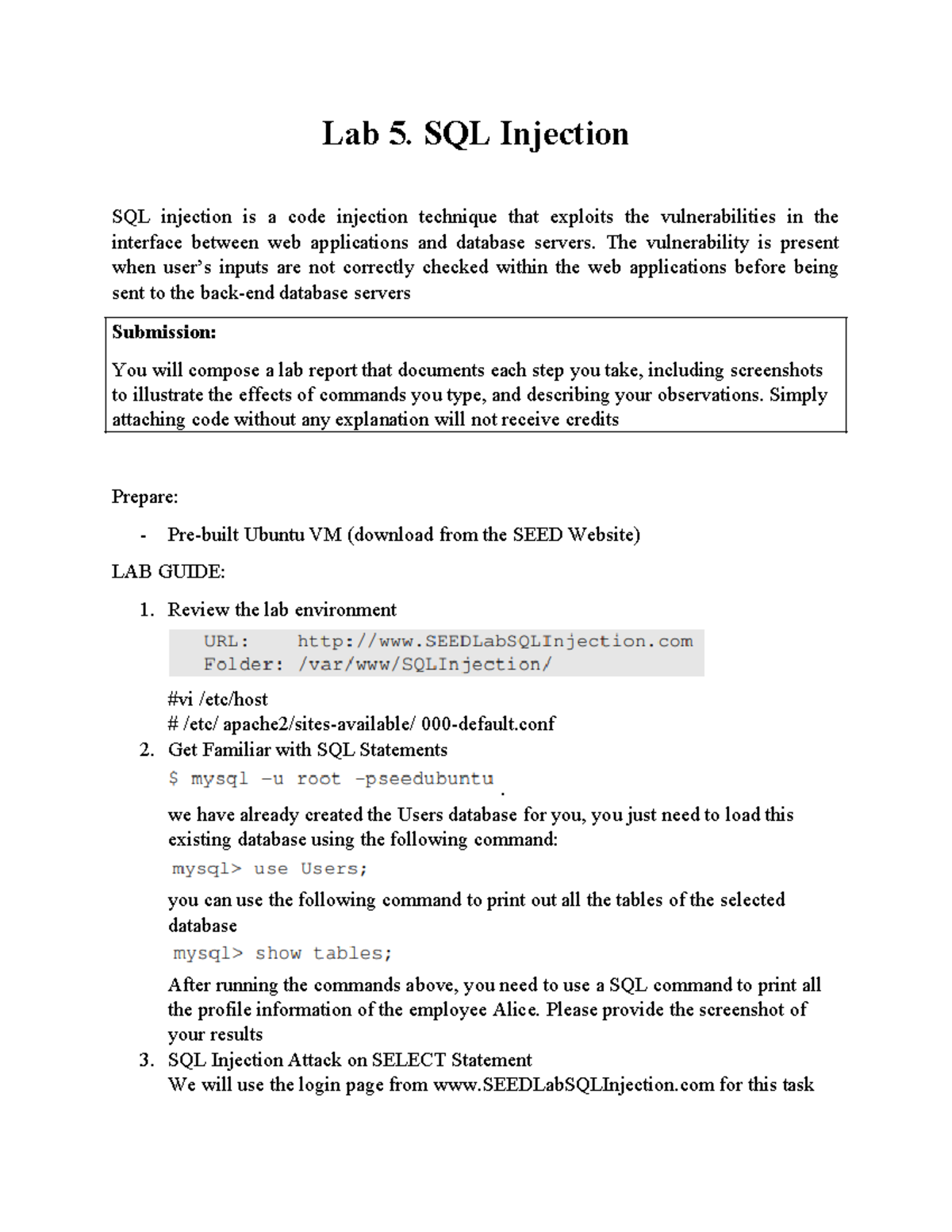 Lab 5: Exploring SQL Injection Vulnerabilities and Exploits - Studocu