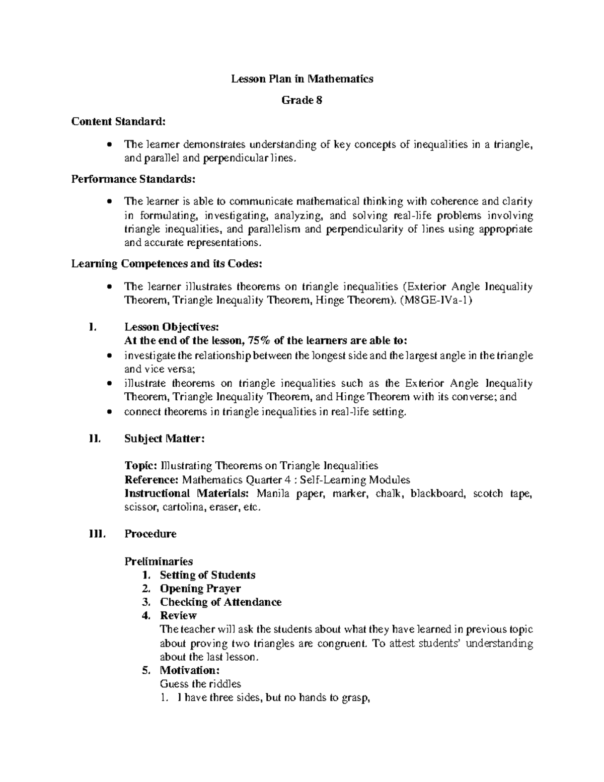 Q4 M1L1 Lesson Plan: Illustrating Theorems on Triangle Inequalities ...