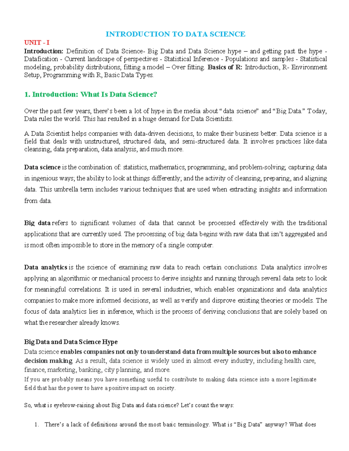 Ids Unit I Notes Introduction To Data Science Unit I Introduction