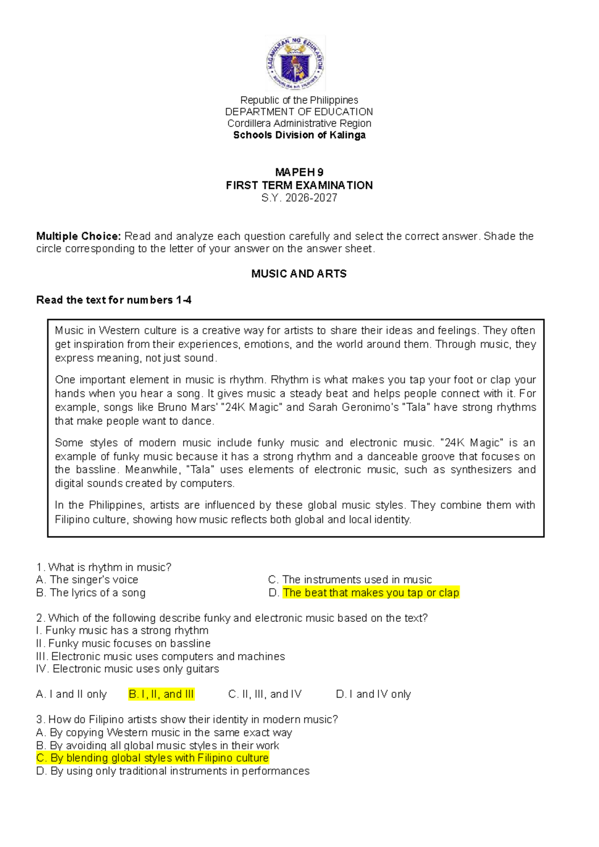 MAPEH 9 FIRST TERM EXAMINATION: Music and Arts Summary Questions - Studocu