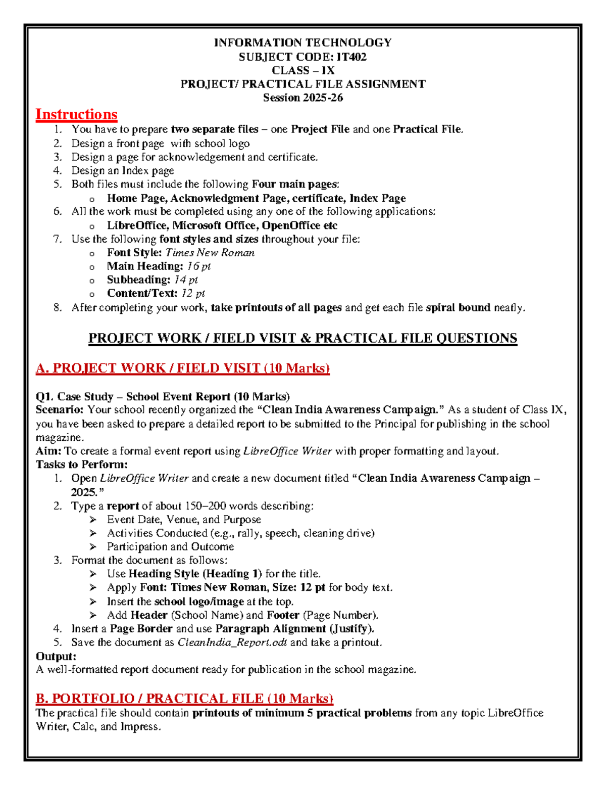 IT402 Class IX Practical File & Project Work Instructions - Studocu