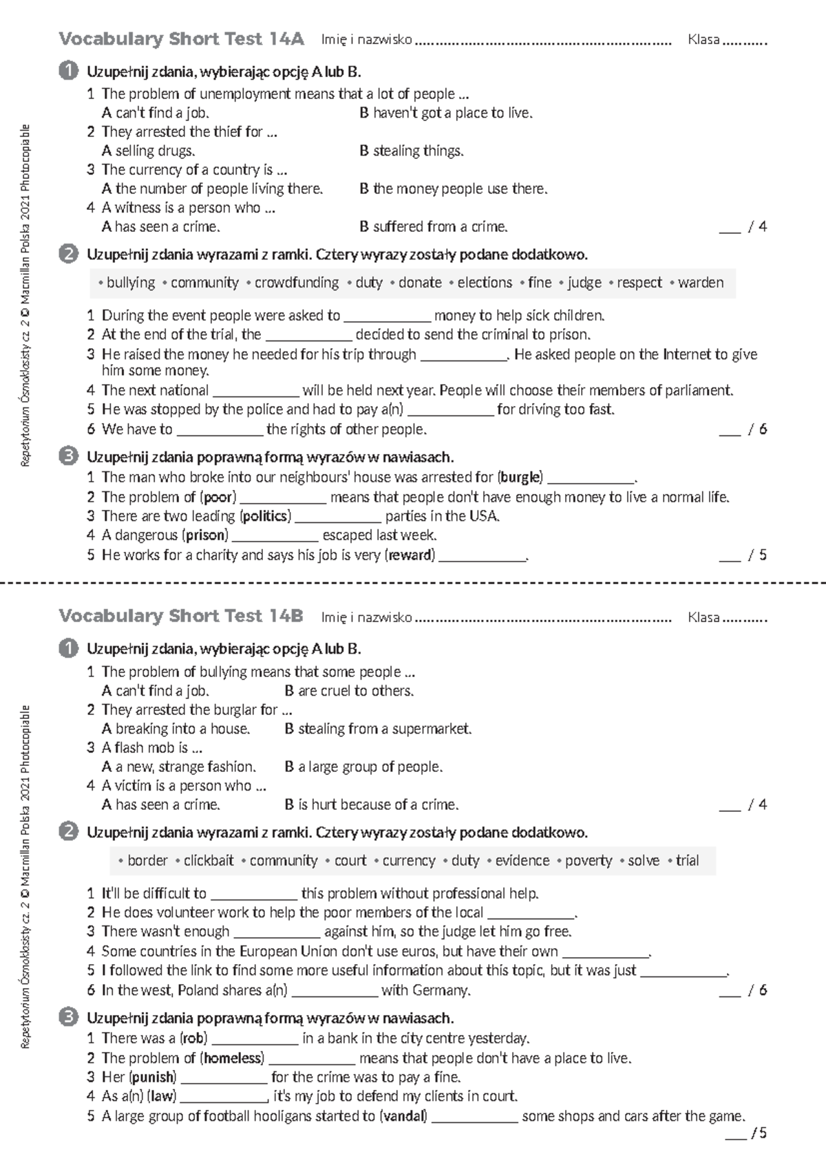 Unit 14 Short Vocabulary Test A&B - Complete with Answers - Studocu