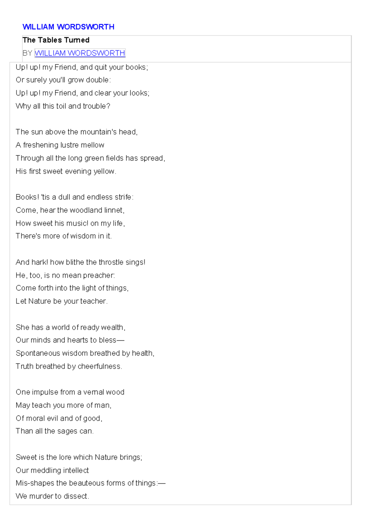 William Wordsworth: Selected Poems and Analysis (ENG 101) - Studocu