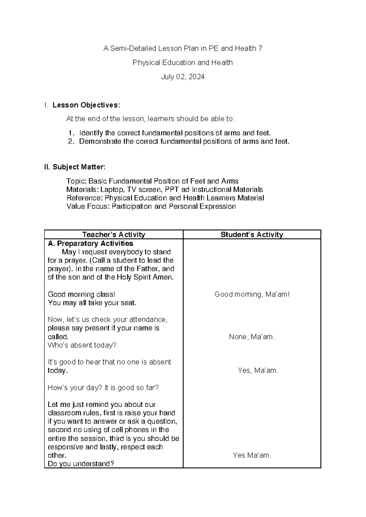 PE and Health 7 - Semi-Detailed Lesson Plan on Basic Positions - Studocu