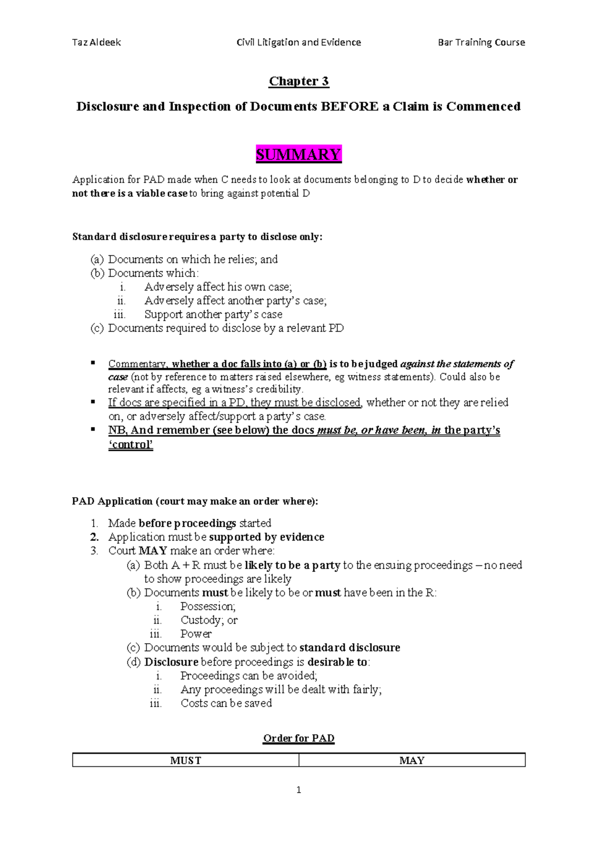 Chapter 3: PA Disclosure and Document Inspection Before Claims - Studocu