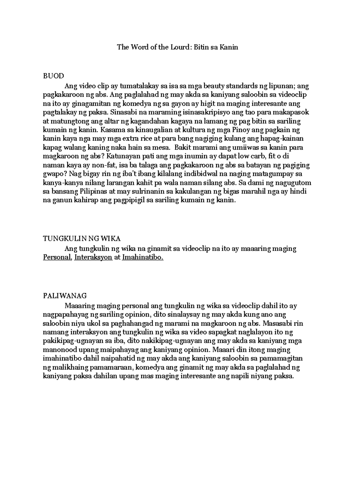 BUOD ng "The Word of the Lourd: Bitin sa Kanin" - College of Education ...