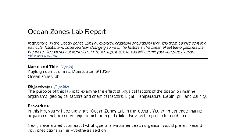 Ocean Zones Lab Report (01 03): Organism Adaptations & Observations ...