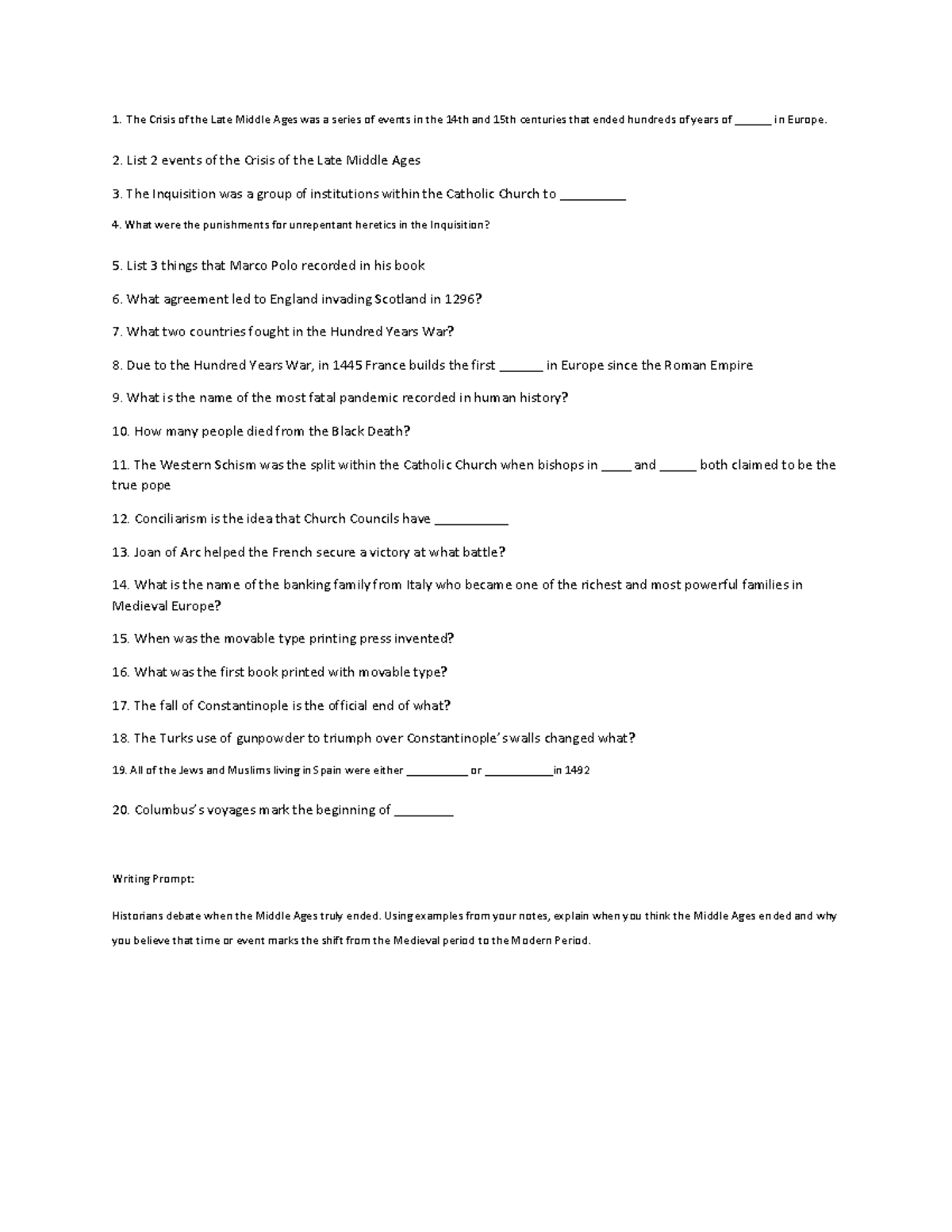 Late Middle Ages Test – Key Events and Concepts - Studocu