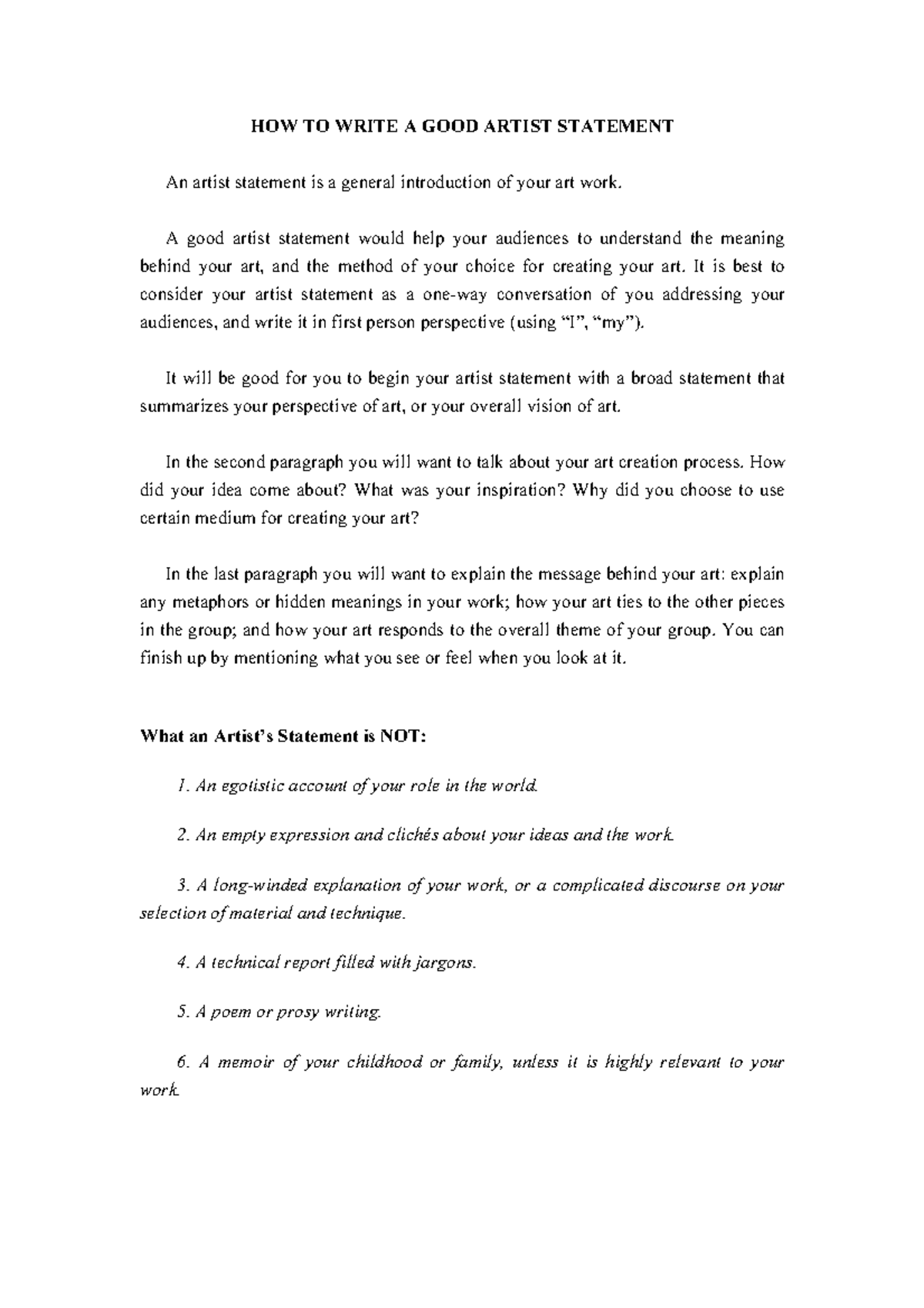 How to Write a Good Artist Statement: A Guide - Studocu