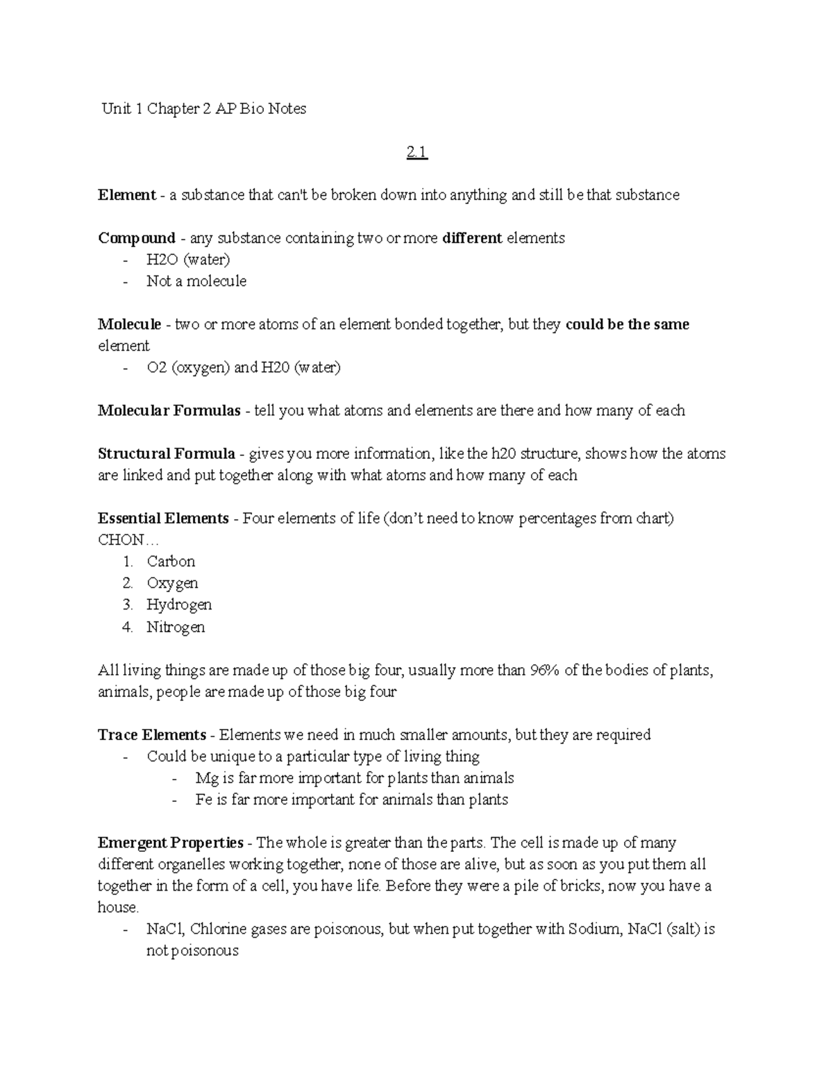 Unit 1 Chapter 2 AP Bio Notes: Essential Elements and Molecular ...