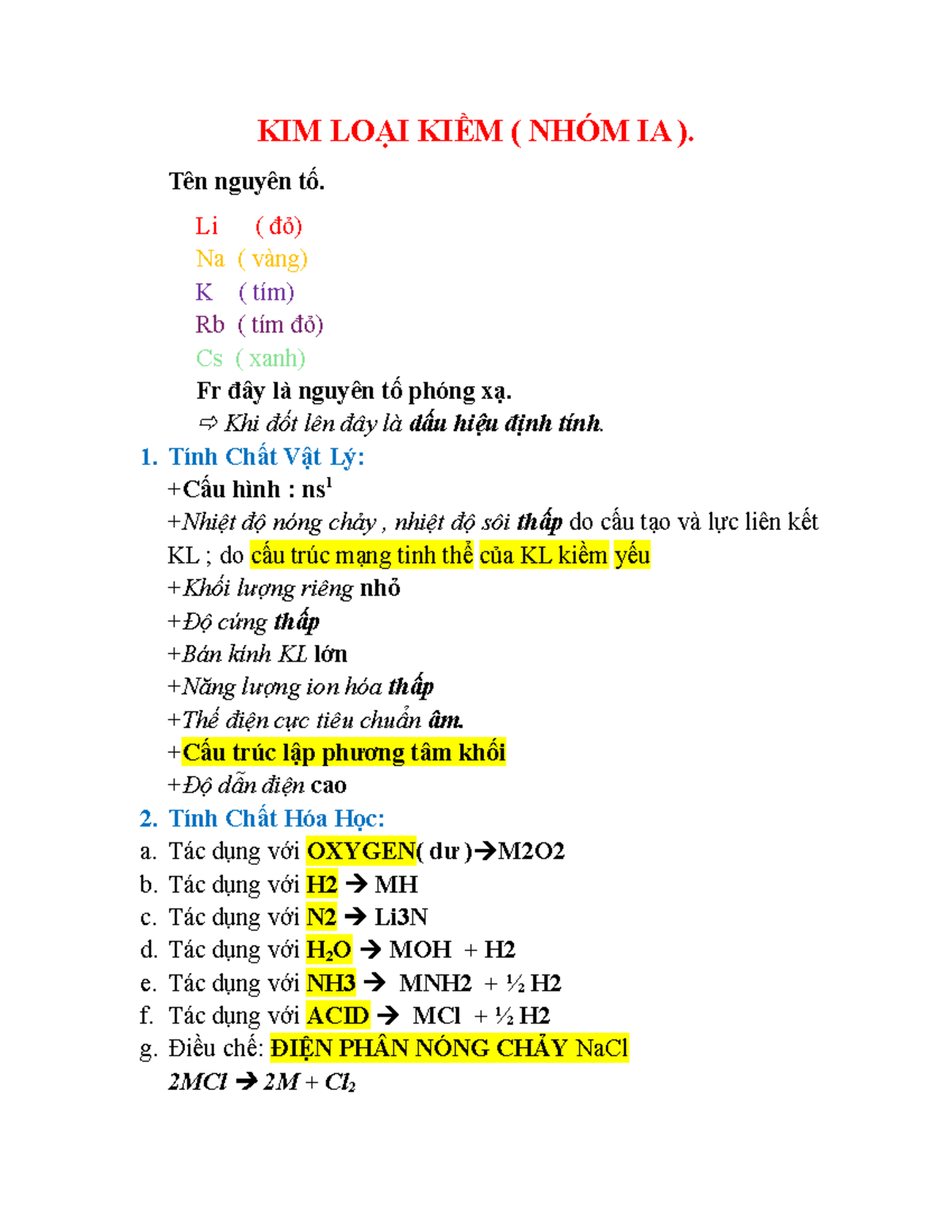 KIM LOẠI KIỀM - Lý Thuyết và Tính Chất Hóa Học - Studocu