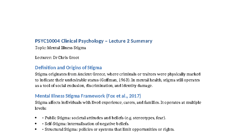 PSYC10004 Lecture 2 Summary: Understanding Mental Illness Stigma - Studocu