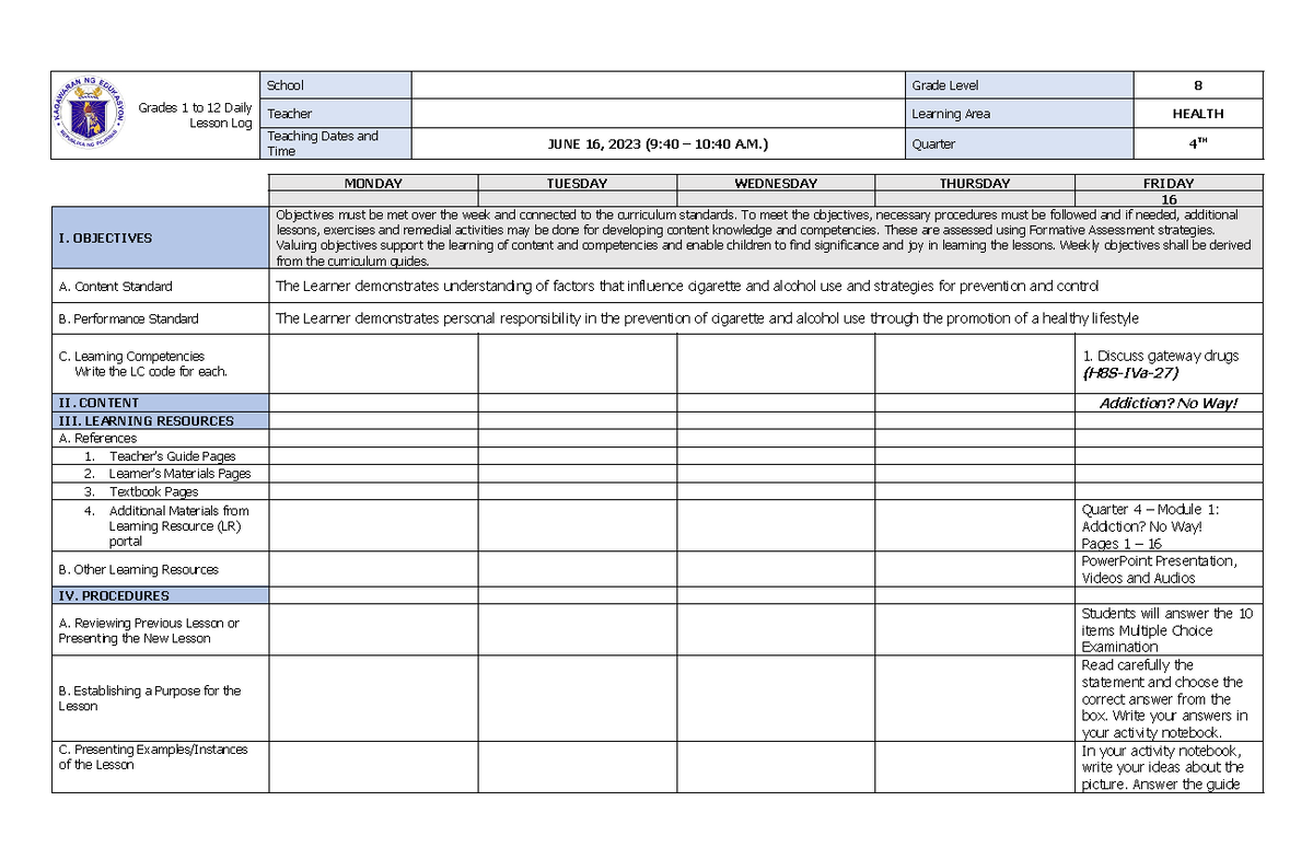 4. Health 4TH Quarter - Grades 1 to 12 Daily Lesson Log School Grade ...