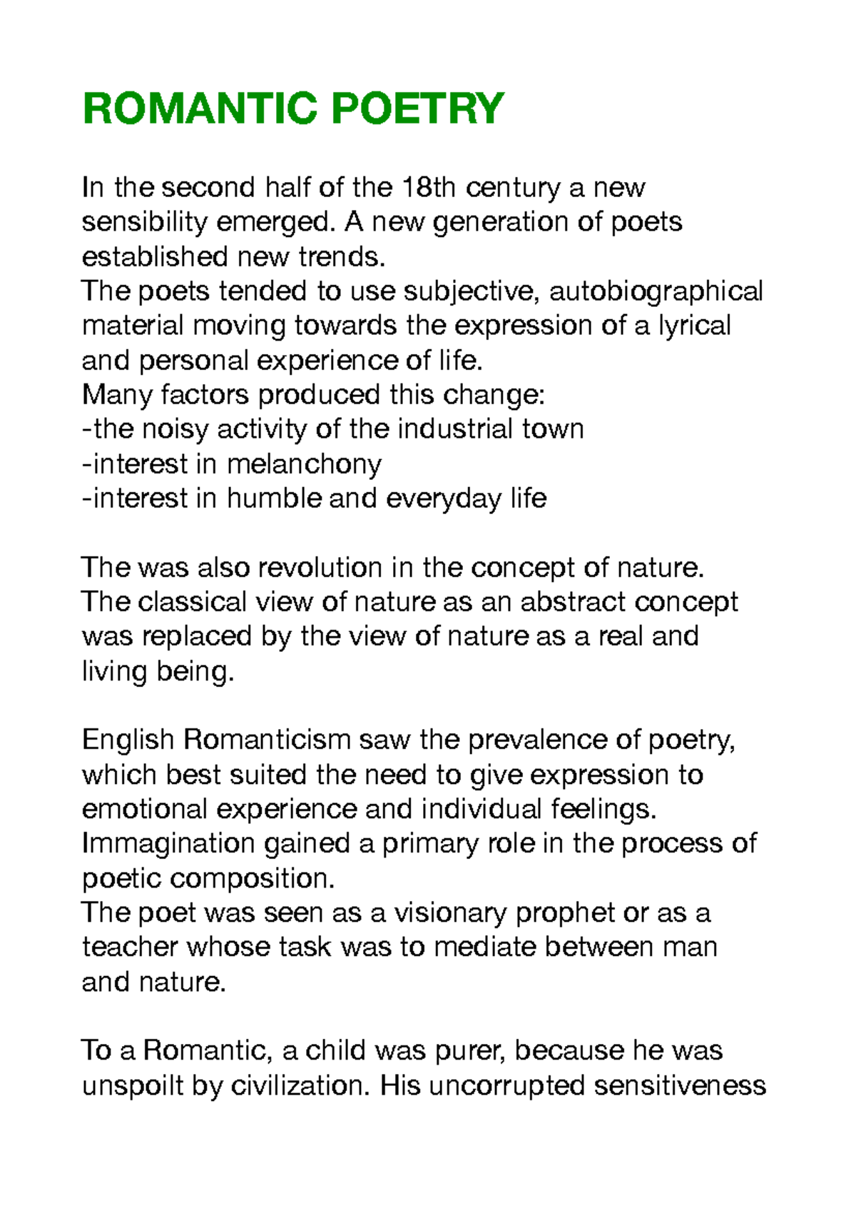Wordsworth and the Evolution of Romantic Poetry - Studocu