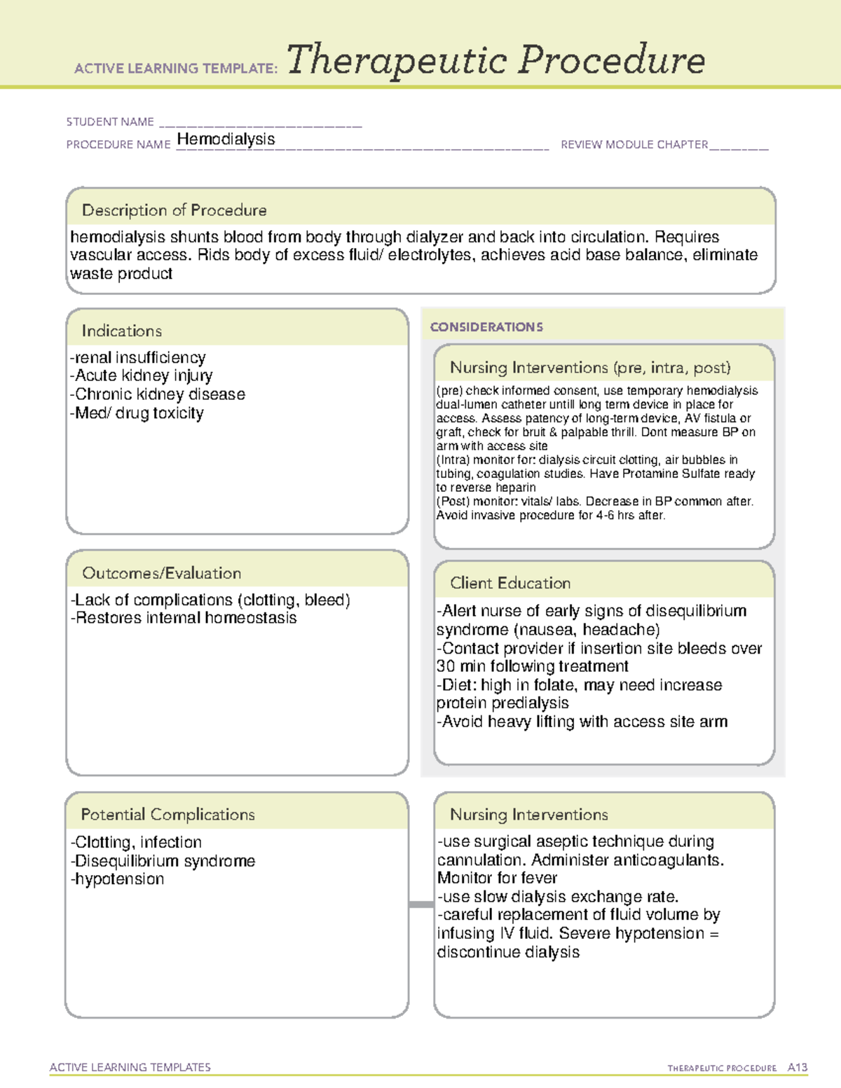 Template for Hemodialysis Therapeutic Procedure (NURS 101) - Studocu