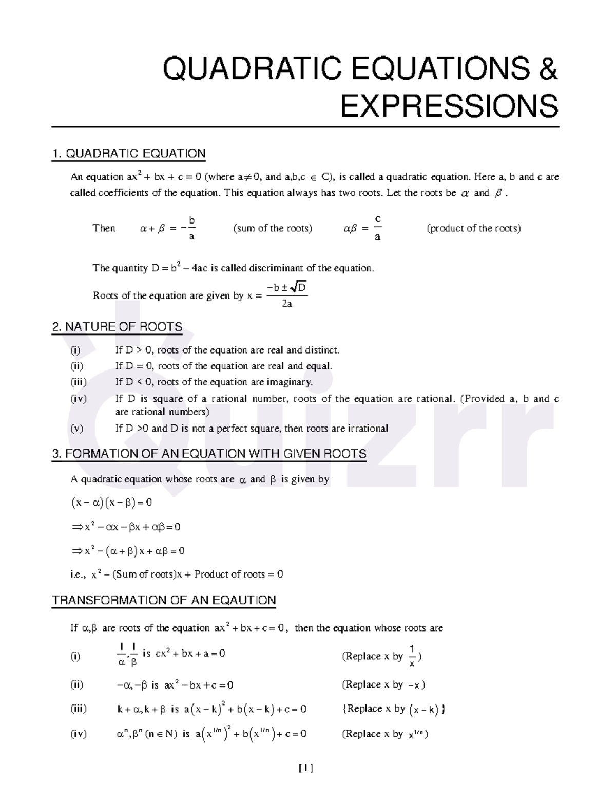 Quiz: Quadratic Equations Formula Sheet (Course Code: 07) - Studocu