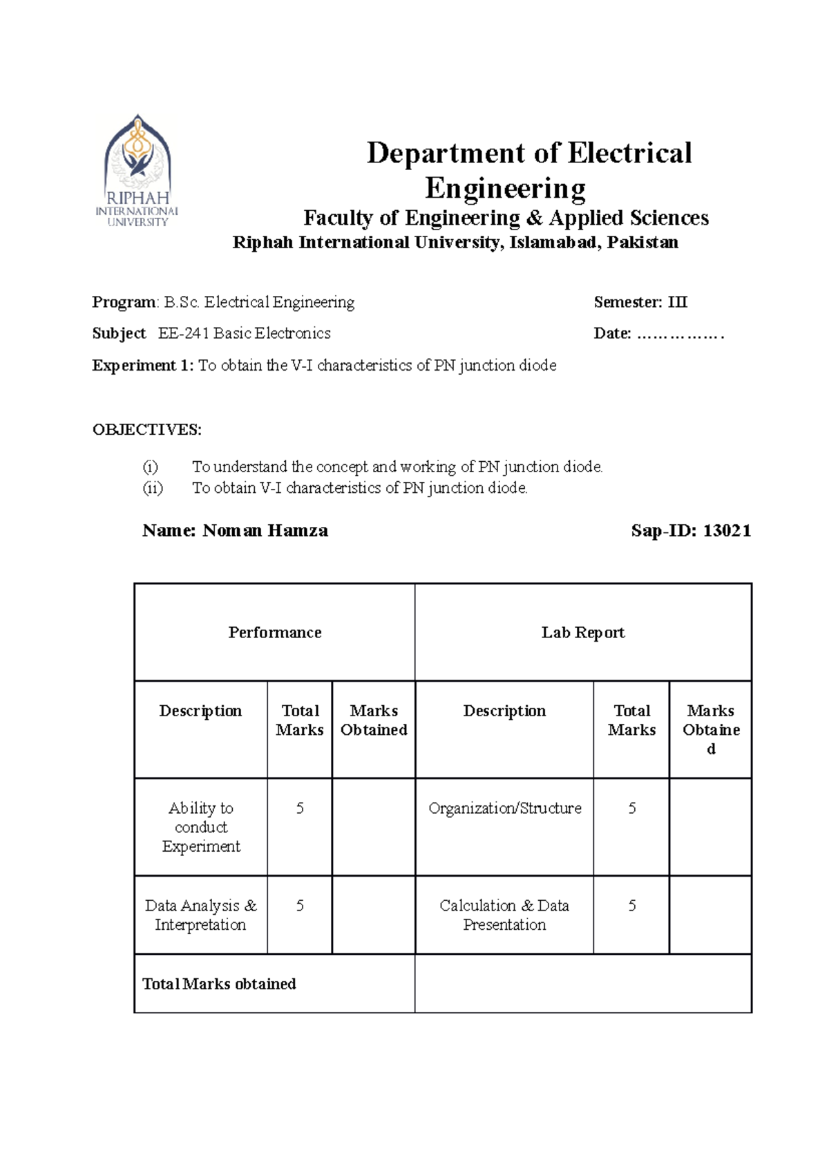 Lab report 1 Basic Electronics - Department of Electrical Engineering ...