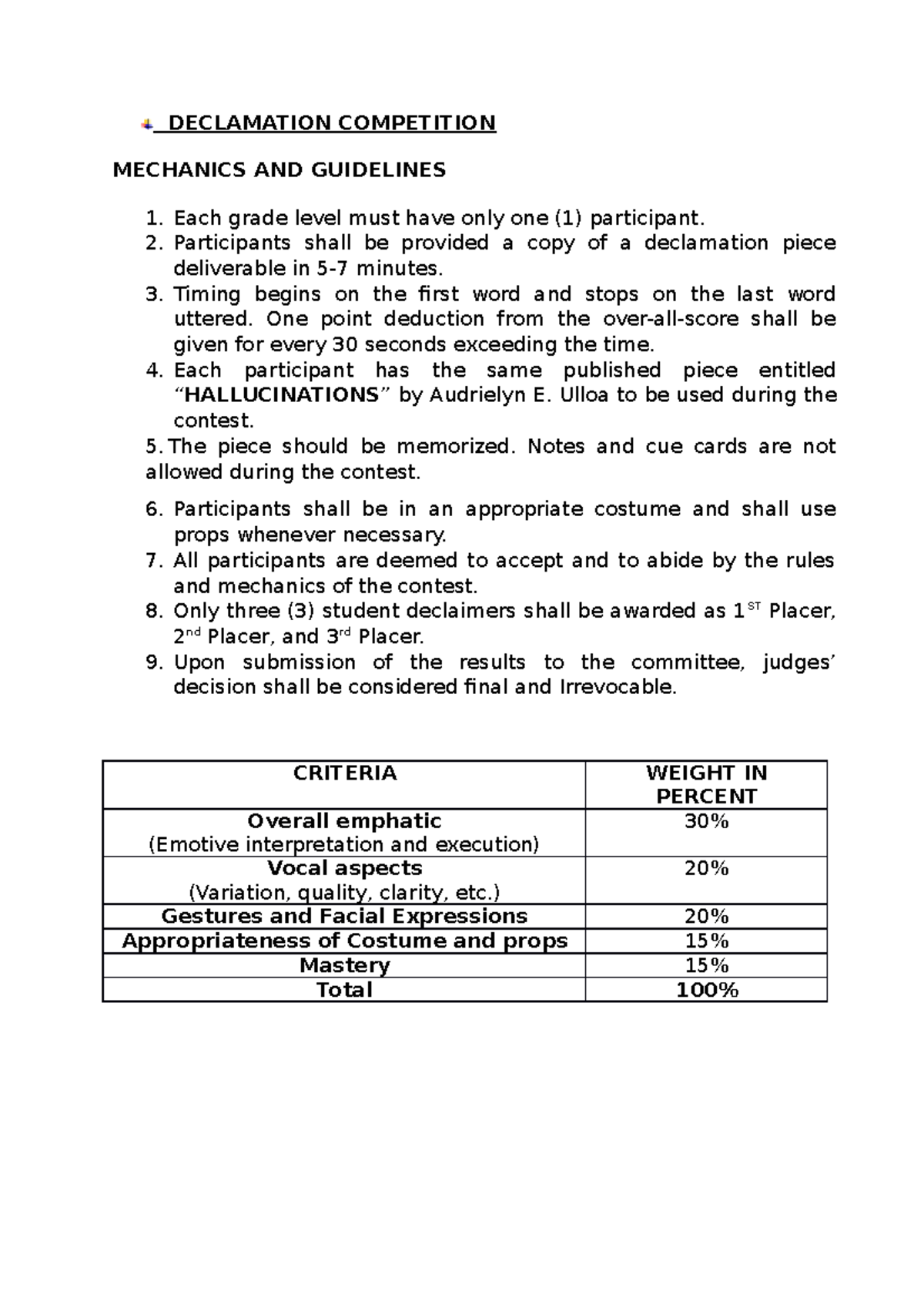Declamation Competition Guidelines for "HALLUCINATIONS" by Audrielyn E ...