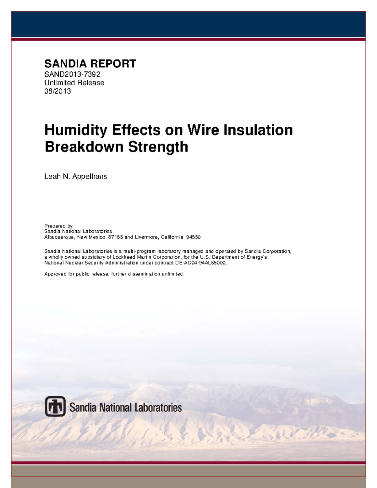 SANDIA REPORT: Humidity Effects on Wire Insulation Breakdown Strength ...
