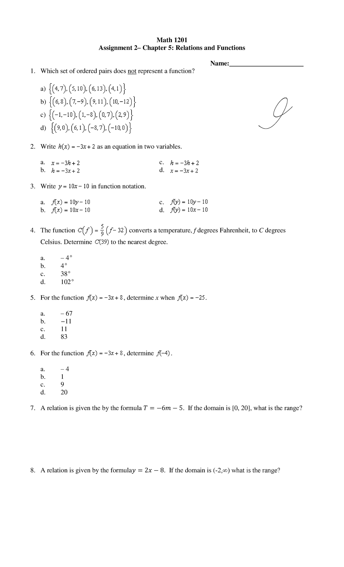 Math 1201 Chapter 5 Assignment: Relations & Functions Analysis - Studocu