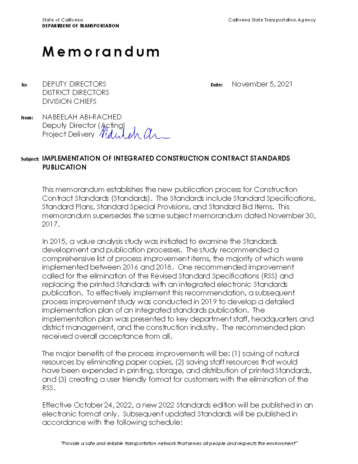 California DOT Memo: Implementation of Integrated Construction Contract ...