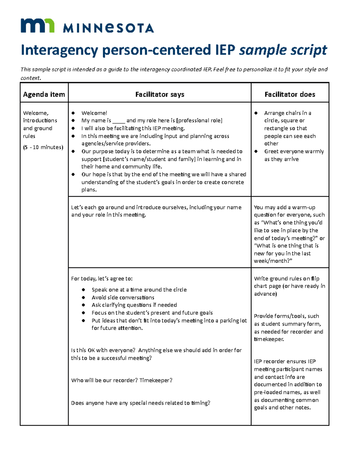 IEP agenda script handout - Interagency person-centered IEP sample ...