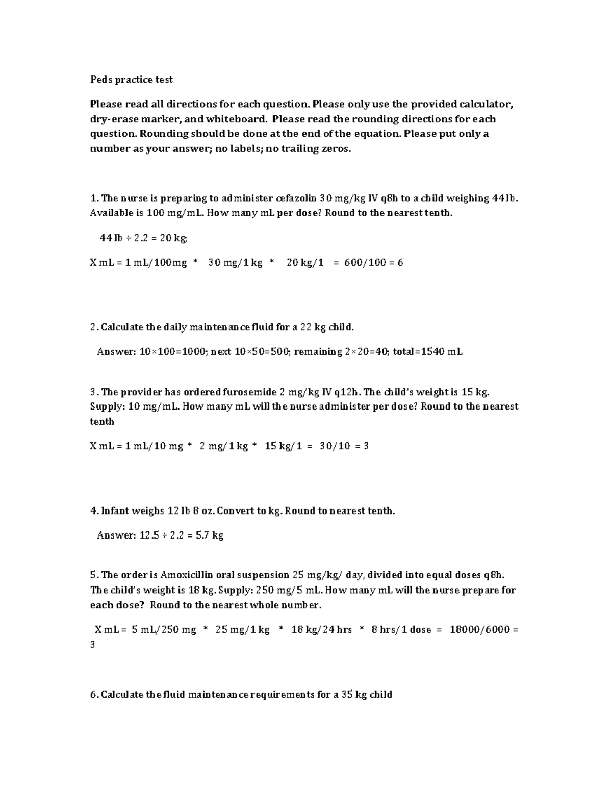 Peds Math 1 - Practice Test for Pediatric Dosage Calculations - Studocu
