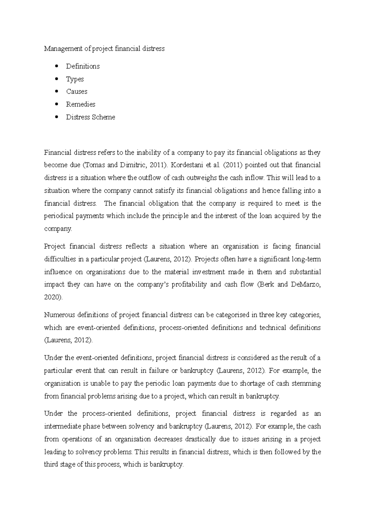 Project Financial Distress Management - Course WORK Academic Assignment ...