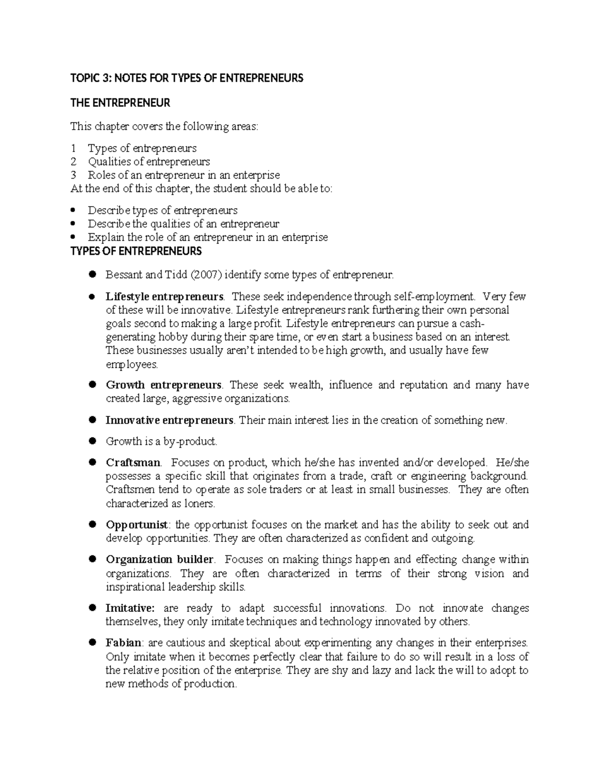 BCU 410 Topic 3: Notes on Types of Entrepreneurs - Studocu