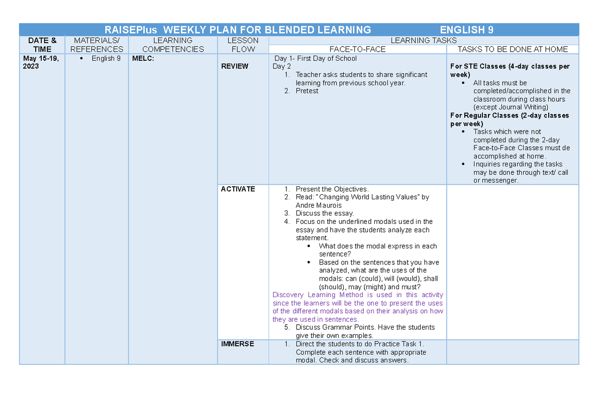 Raise plus - RAISEPlus WEEKLY PLAN FOR BLENDED LEARNING ENGLISH 9 DATE & TIME MATERIALS/ - Studocu