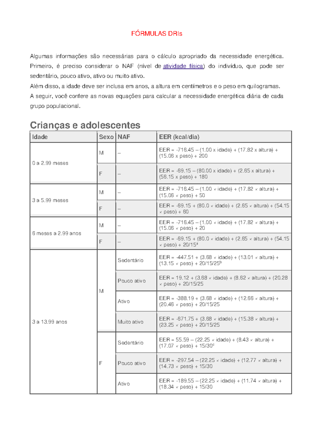 Cálculo da Necessidade Energética Diária: Fórmulas DRIs Atualizadas - Studocu