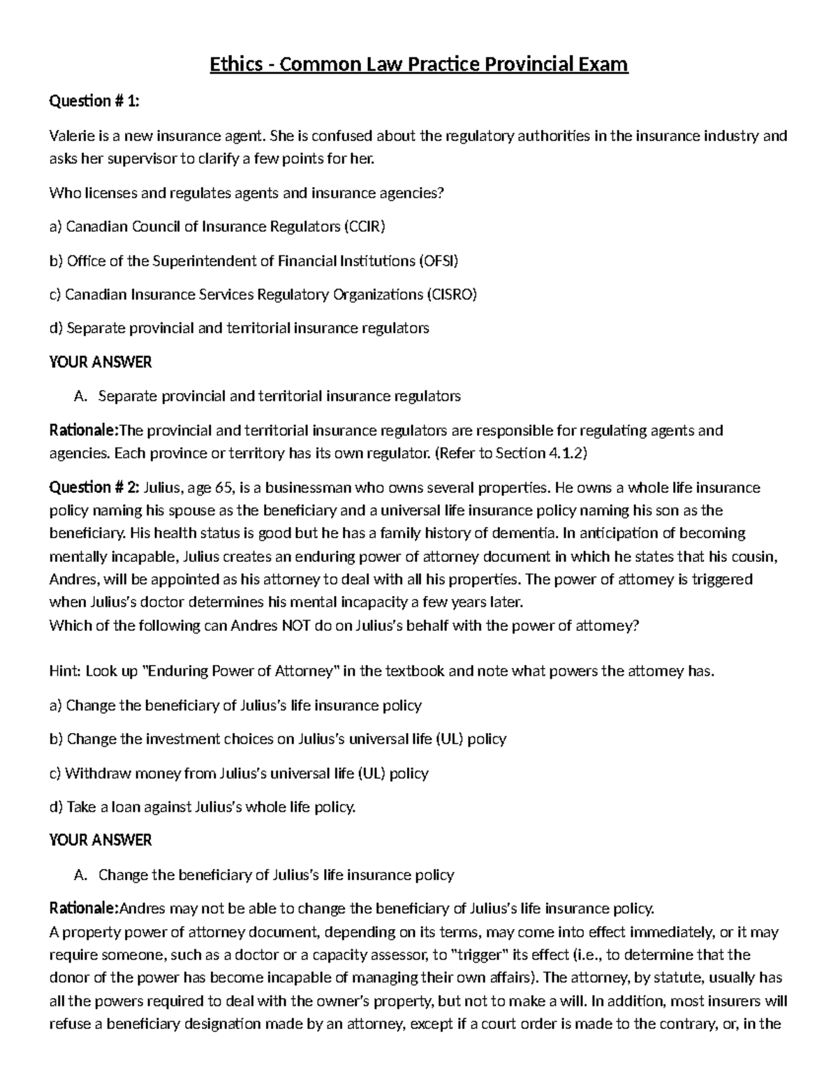 Ethics - Common Law Practice Provincial Exam Review Questions and ...