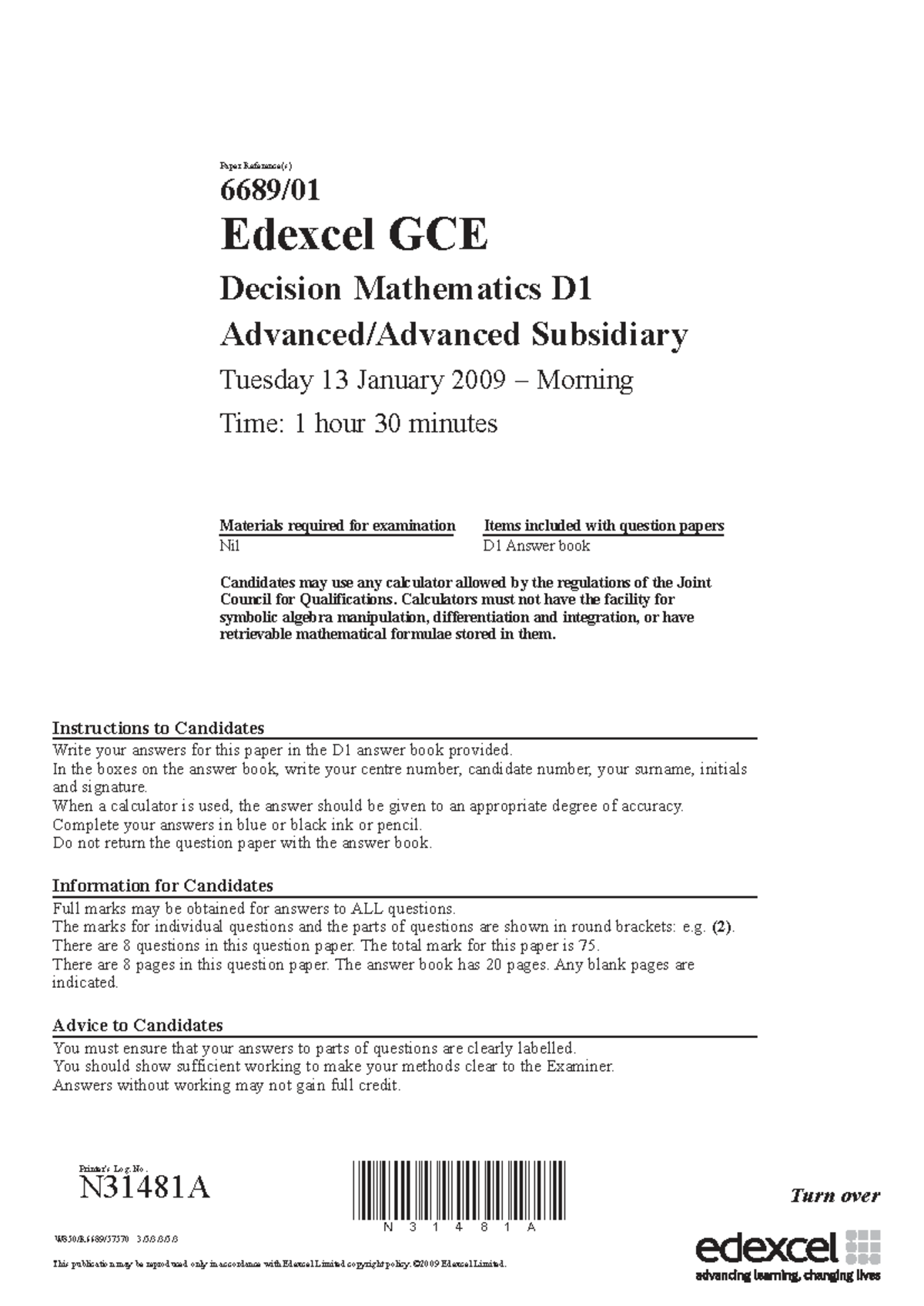 QAB 2009 Jan D1 6689 01 - .e2nioho2i - Turn over Paper Reference(s ...